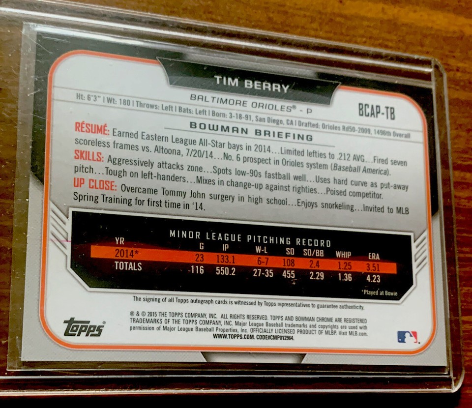 Tim Berry 2015 Bowman Chrome Prospects AUTO Autograph #BCAP-TB Orioles ...