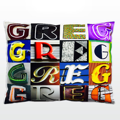 Personalized Pillow featuring the name GREG in photos of sign letters ...
