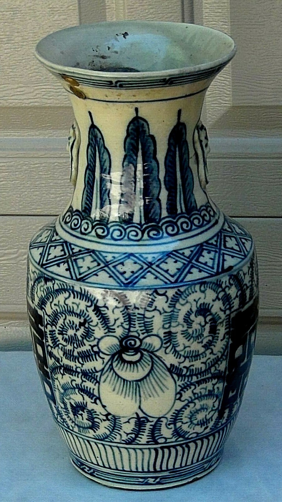 ANTIQUE CHINESE CERAMIC BLUE&WHITE VASE ,DEMON HEAD HANDLES,FLOWERS ...