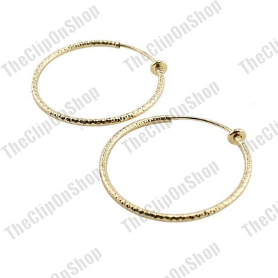 3.5cm CLIP ON diamond cut hoops SILVER/GOLD TONE EARRINGS non-pierced ...