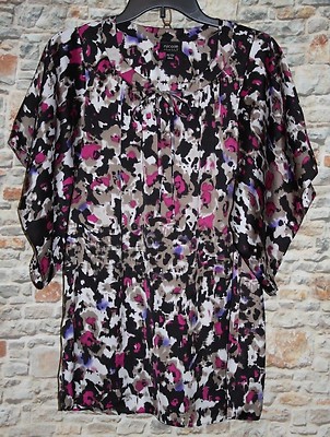 Nicole Miller MISSES XS Tunic Top Shirt Purple Black Floral Tie Short ...
