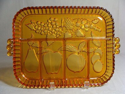 1 INDIANA GLASS Rectangular Glass Relish Dish/Tray In The Fruits Amber ...