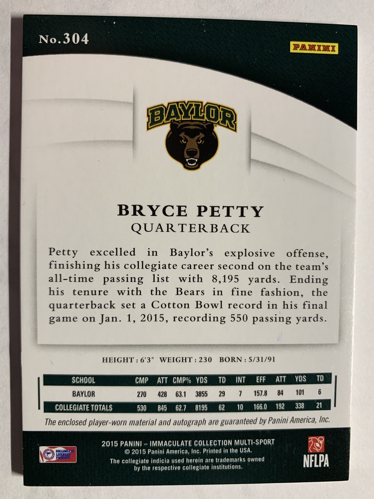 2015 Immaculate Bryce Petty Rookie Jersey Auto 14/99 Baylor | eBay