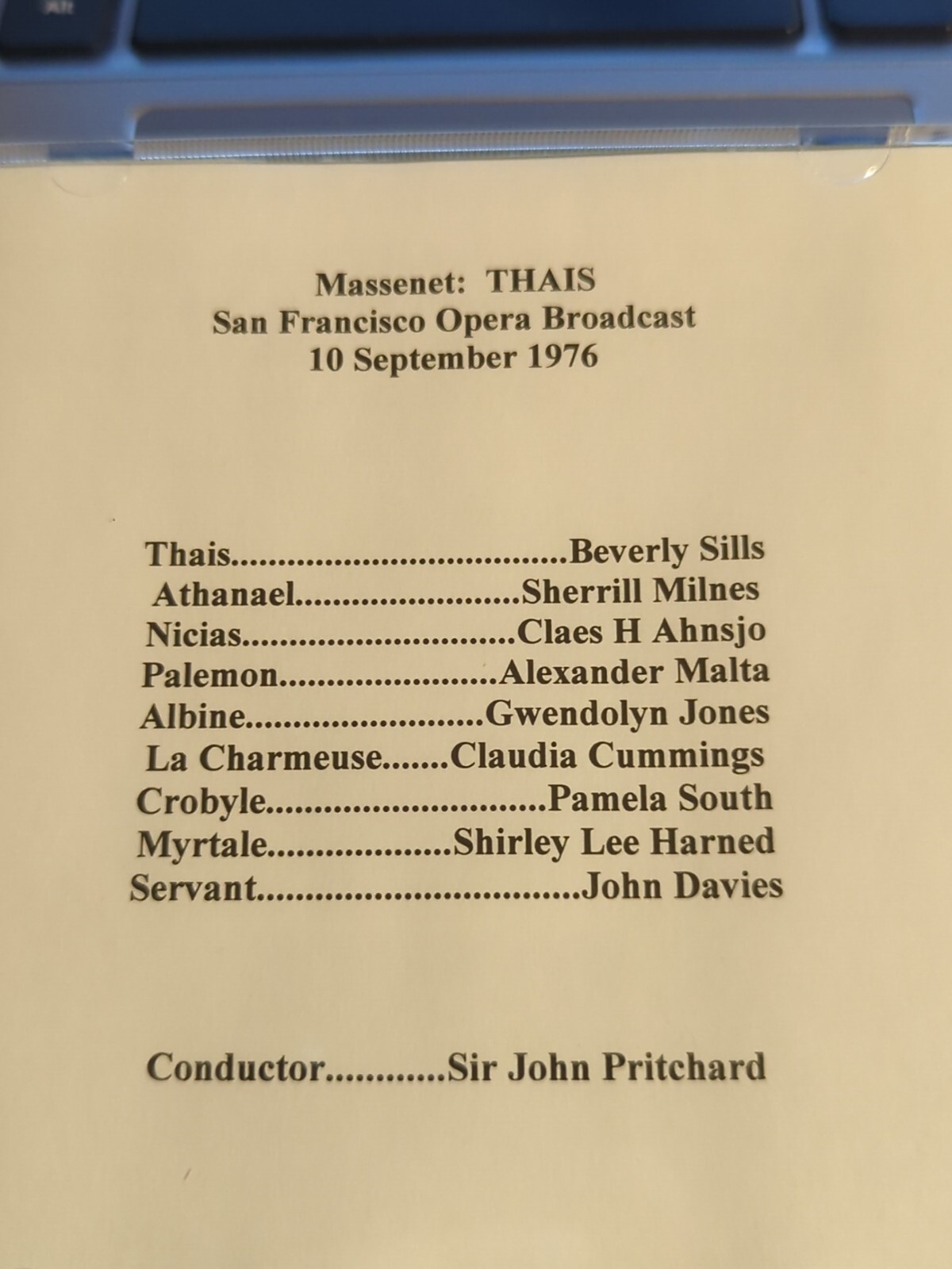 Live Opera Recording CD2380 Thais Beverly Sills Milnes Ahnsjo Malta ...