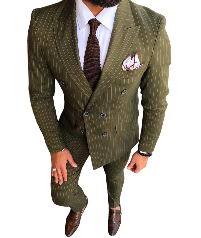 Designer Two Rows of Buttons Double Row Suit Green Pinstripe Slim Fit ...