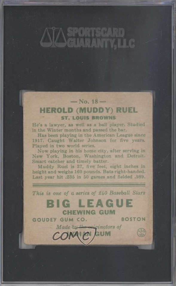 1933 Goudey Big League Chewing Gum R319 Muddy Ruel #18 SGC 35 Rookie RC ...