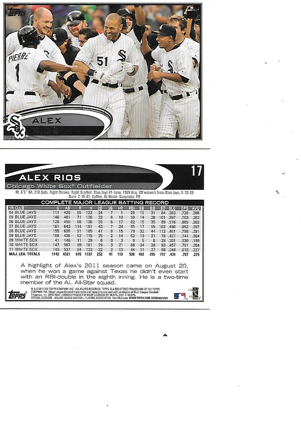 Alex Rios 2012 Topps Baseball Card #17 BOGO FREE Chicago White Sox | eBay