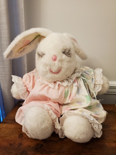 Vintage Ms Noah Bunny rabbit plush stuffed pink gingham hearts outfit ...
