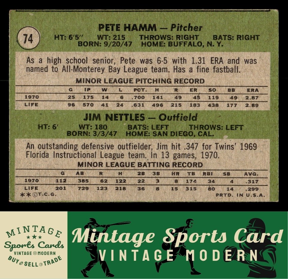 1971 Topps - Twins Rookies - Pete Hamm / Jim Nettles - #74 GD/GD+ | eBay