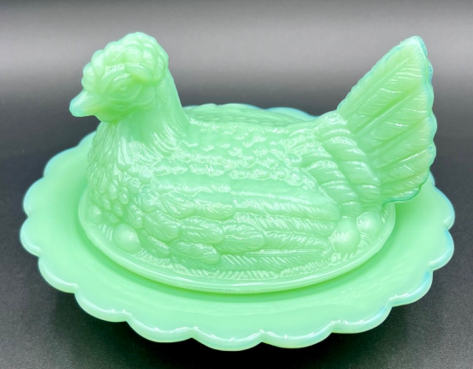 Mosser Jadeite Hen on Nest 6 1/2" Glass Covered Dish Marked Mosser | eBay