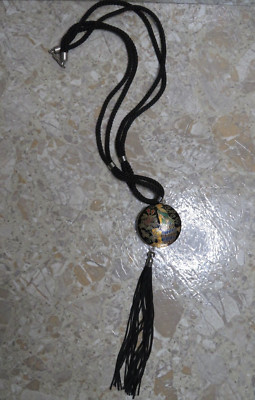 VTG Cloisonne Champleve Pendant Peacock Black Rope Braided Cord Tassel ...