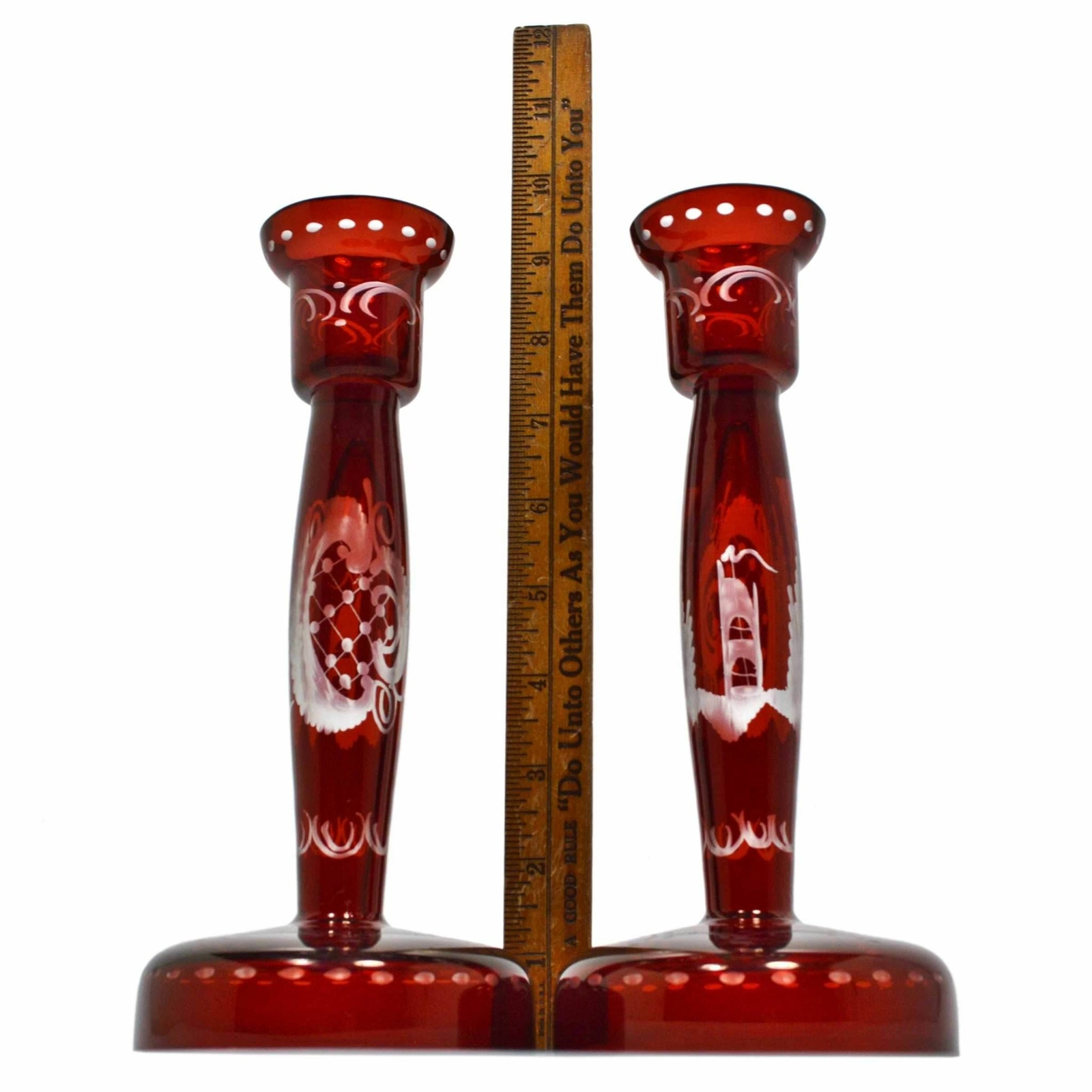 Vintage RUBY RED CRYSTAL CANDLESTICKS 8.75" Cut-to-Clear STAG & CASTLE ...