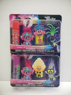 Trolls World Tour Jumbo Lip Balm & 3 Finger Puppet Toppers New Lot Of 2 ...