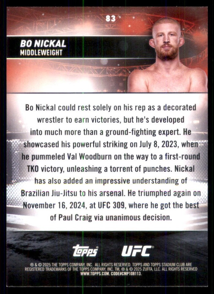 2025 Stadium Club UFC Orange Foil #83 Bo Nickal 5555 | eBay