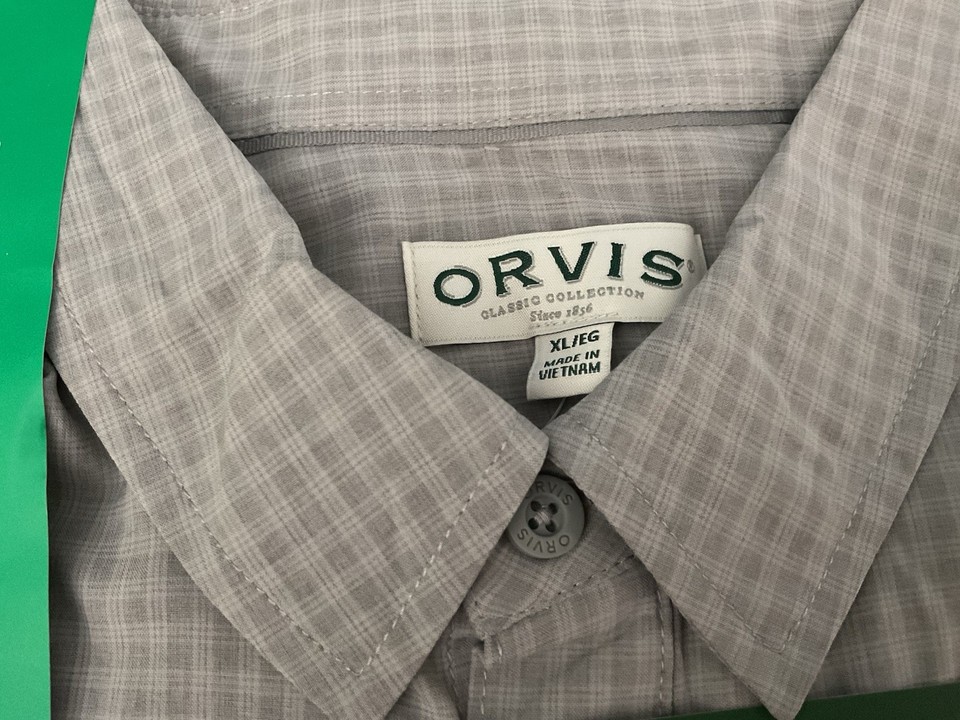Orvis Men’s Classic Short Sleeve Tech Shirt Gray Plaid UPF30 Quick Dry ...