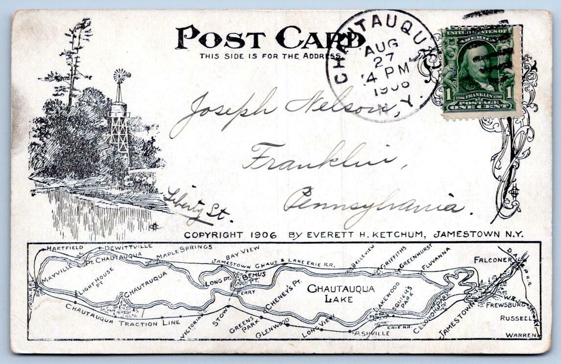 1906 STEAMER AT PIER CHAUTAQUA NY LAKE MAP WINDMILL KETCHUM POSTCARD ...
