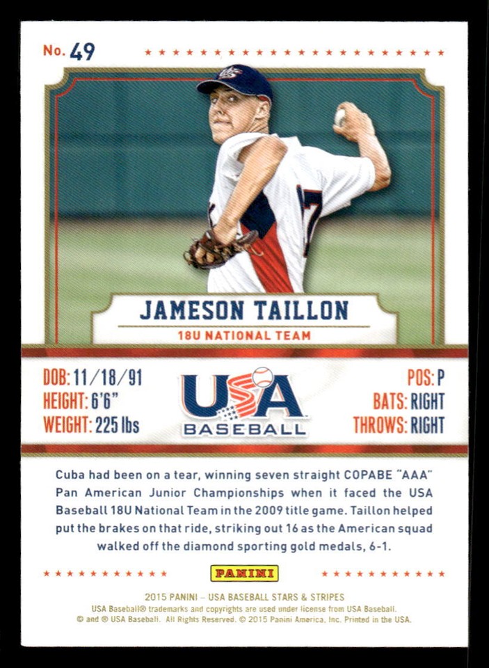 Jameson Taillon 2015 Panini USA Stars & Stripes #49 18U National Team ...