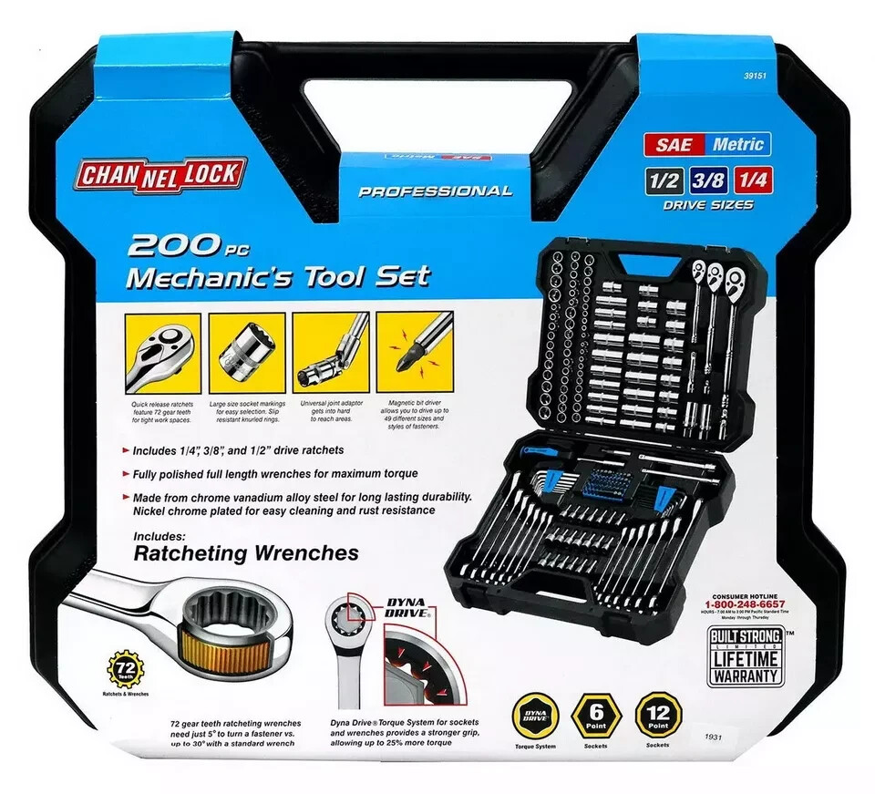 200 piece Channellock Ratchet Wrench Sockets Mechanic's Tool Set SAE ...
