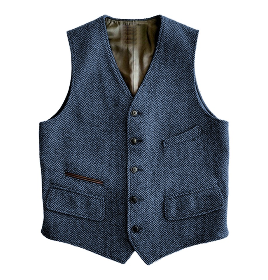Mens Tweed Vest Vintage Western Cowboy Wool Herringbone Vests M Large ...