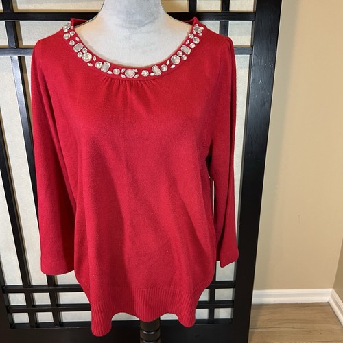 Debbie Morgan Ruby Red Pullover Sweater Rhinestone Boat Neck Size XL ...