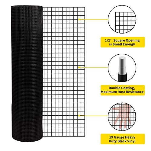 Hardware Cloth PVC Coated Wire Mesh 48'' x 50' 1/2inch Mesh Black 48 ...