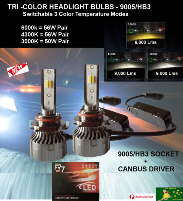 9005/HB3 SOCKET LED TRI-COLOR HEADLIGHT BULBS 6000K /4300K &3000K 160W ...