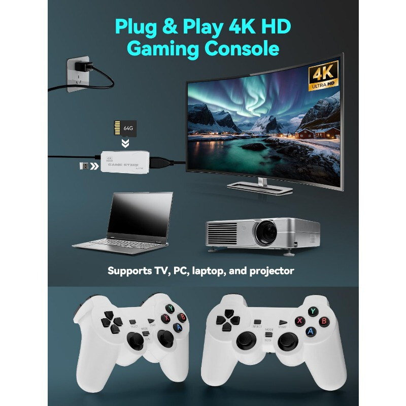 4K HDMI TV Game Stick Built-in 64GB 20000+ Video Games Console Wireless ...