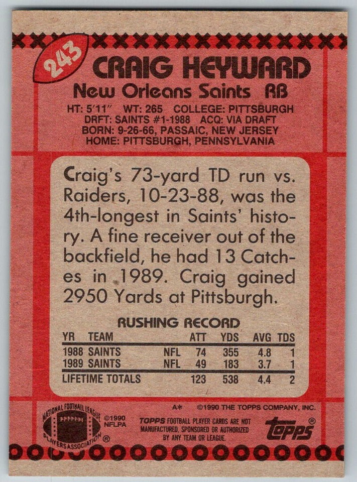 1990 Topps Football Card Craig Heyward #243 New Orleans Saints | eBay