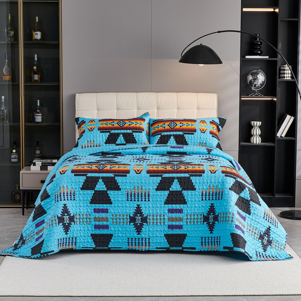 3Pcs Boho Colorful Polyester Quilt Set Geometry Printed Bedspread ...
