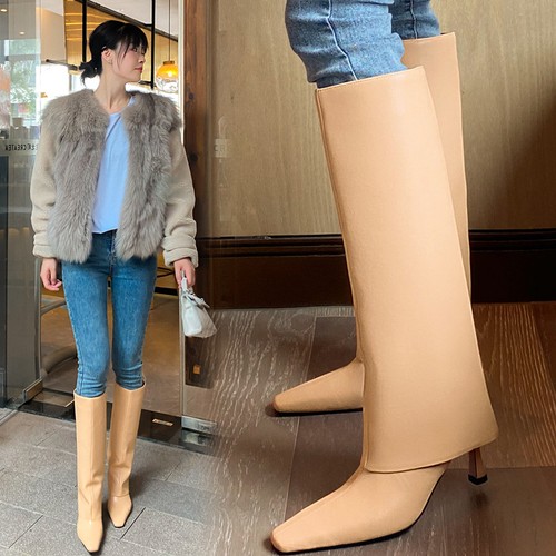 Women Square Toe Knee High Boots Stiletto Heel Knight Straight Boot ...