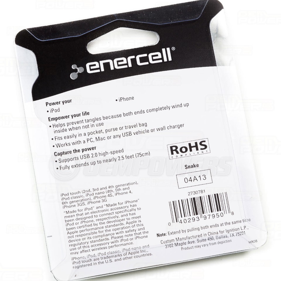 Enercell Retractable USB Sync/Charge Data Cable iPhone iPod Touch Nano ...
