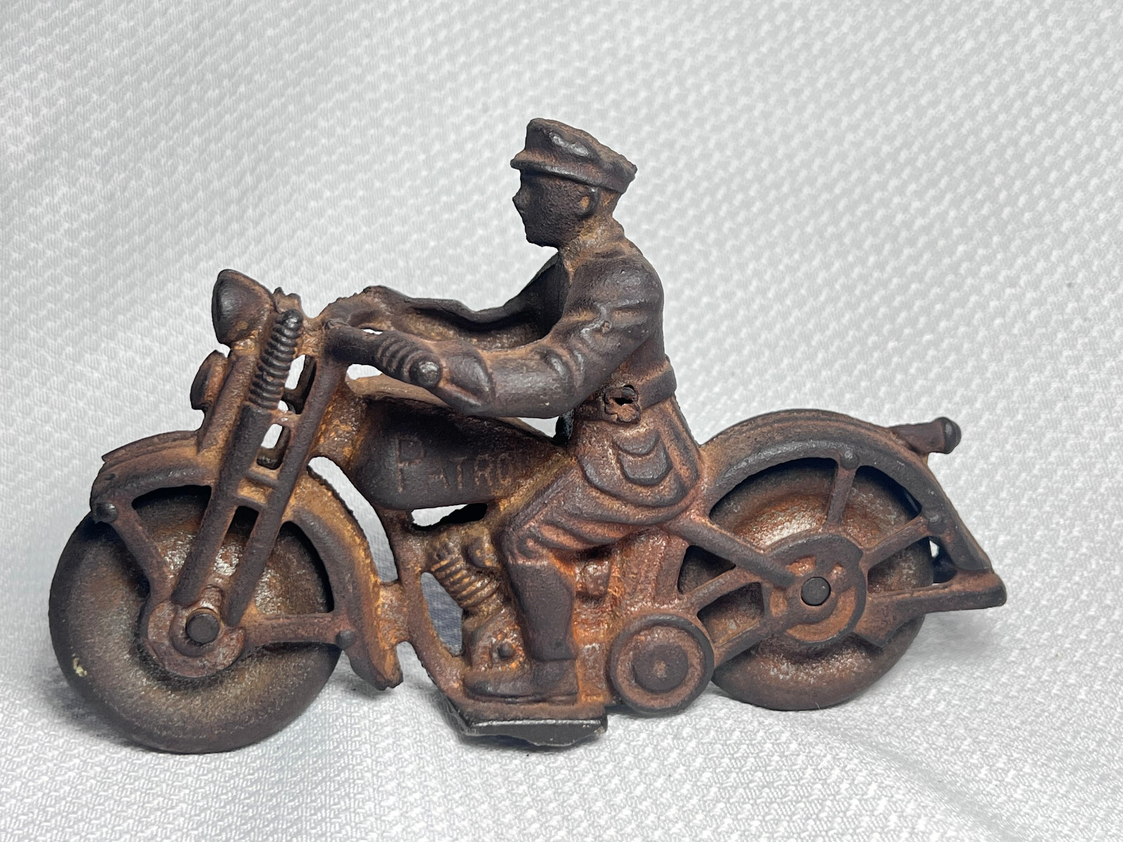 Vtg Cast Iron Patrol USA Uniformed Officer Cop On Motorcycle Metal ...
