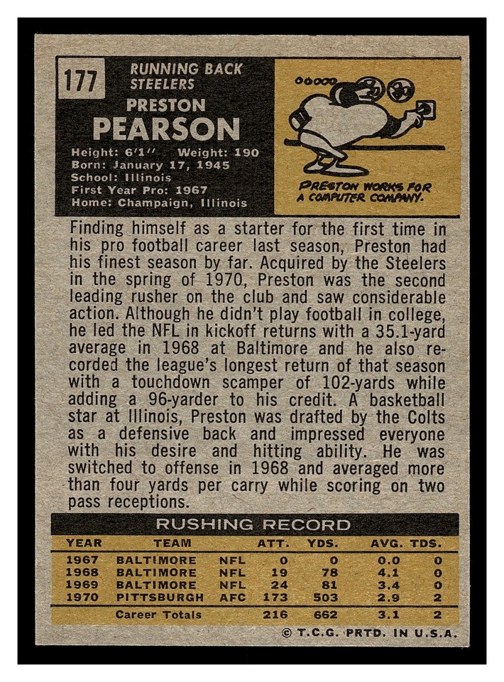 1971 TOPPS PRESTON PEARSON #177 ROOKIE STEELERS HIGHER HIGH GRADE NO ...