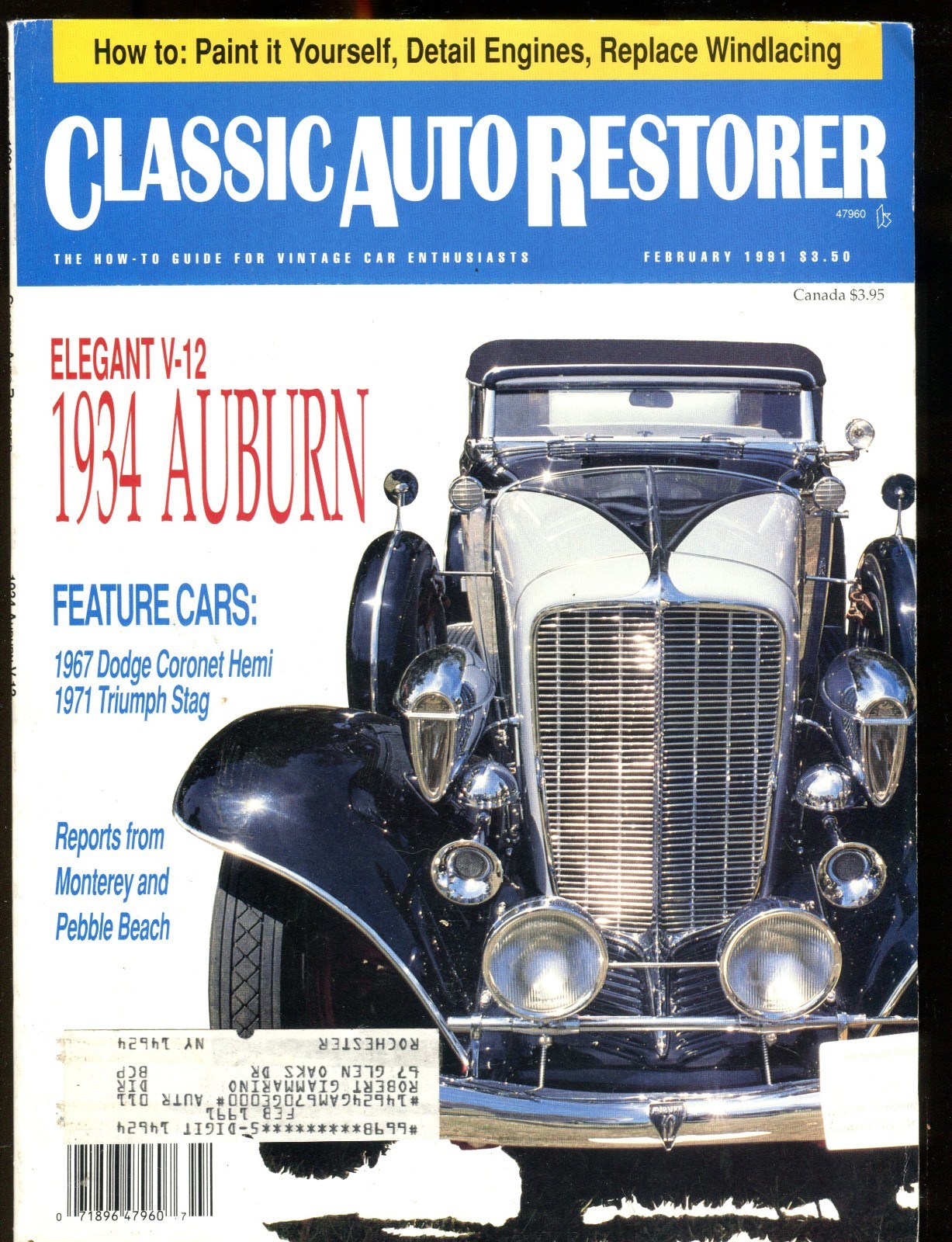 Classic Auto Restorer Magazine February 1991 1934 Auburn EX w/ML ...