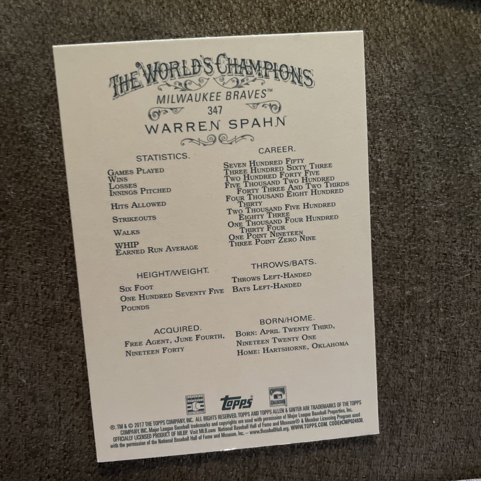 2017 Topps Allen and Ginter #347 Warren Spahn SP Atlanta Braves | eBay