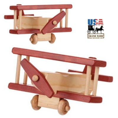 AIRPLANE - Red & Maple Biplane Amish Handmade Wood Toy Play Plane USA ...