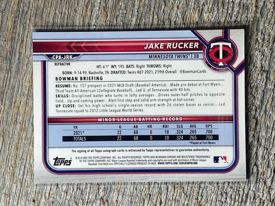 2022 BOWMAN CHROME PROSPECT 1ST JAKE RUCKER REFRACTOR AUTO #CPAJRK 499 ...