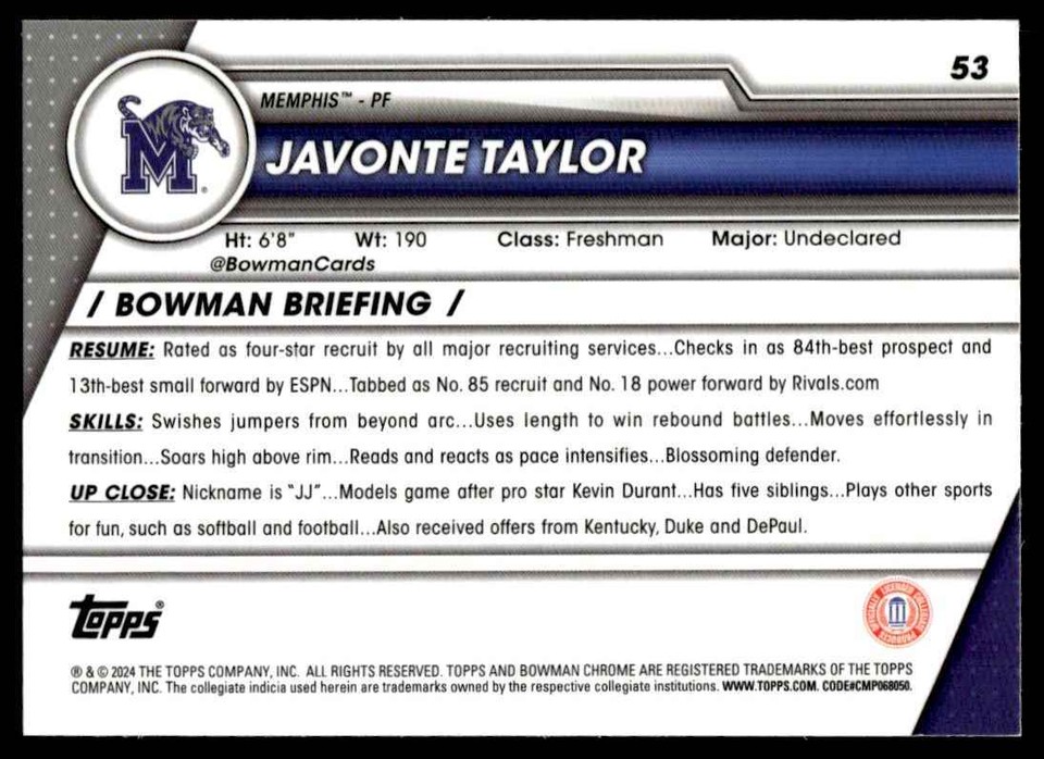 2023-24 Bowman Chrome University 1st Bowman Javonte Taylor Memphis #53 ...