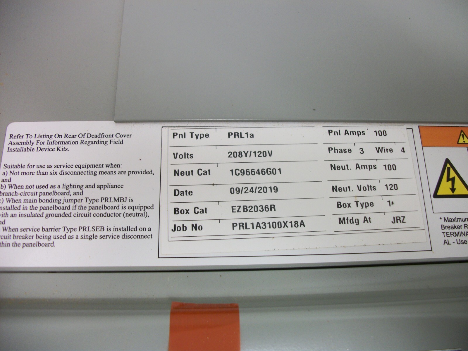 CUTLER-HAMMER PRL1A LOAD CENTER PANELBOARD EZB2036R 100AMP 208Y/120VOLT ...