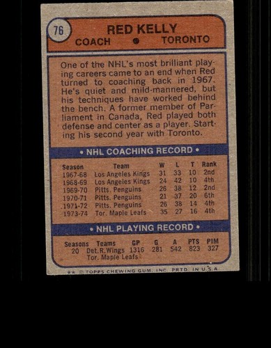 RED KELLY 1974 Topps Hockey #76 B1012R5S6P26 FREE SHIPPING | eBay