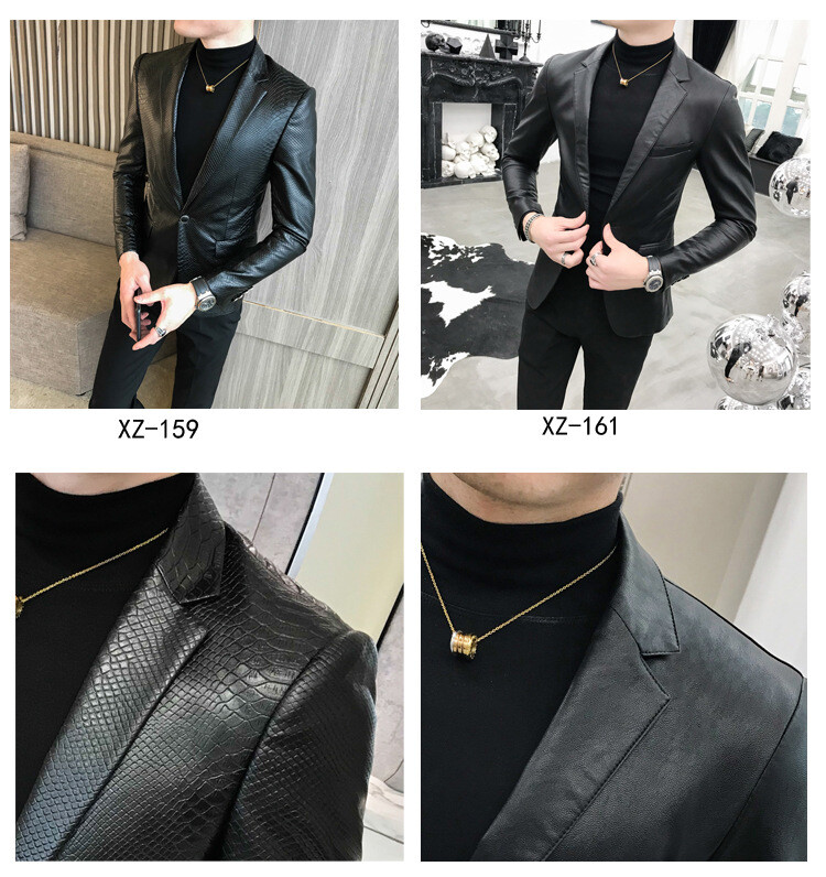 Mens Formal Dress Motorcycle Faux Leather Slim Fit Jacket Blazer Coat ...