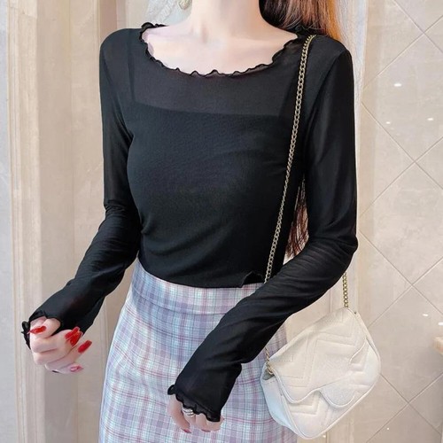 Women Girls Mesh Sheer Shirts Tops Blouse Slit Lace Irregular ...