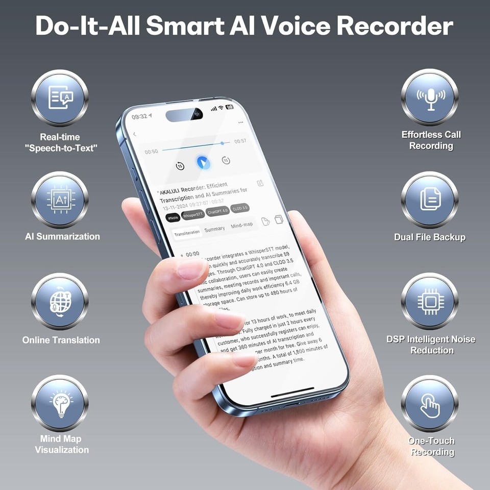 64 GB AI Voice Recorder with Transcription Summarize - Audio Recording ...