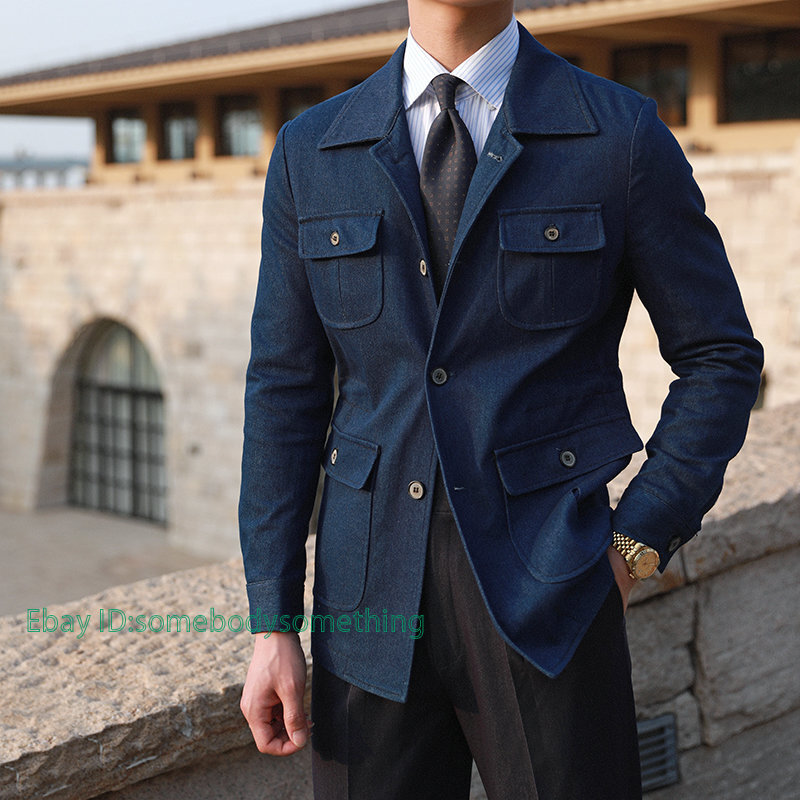 Men's British Style Business Denim Blue Jacket Vintage Lapel Safari ...