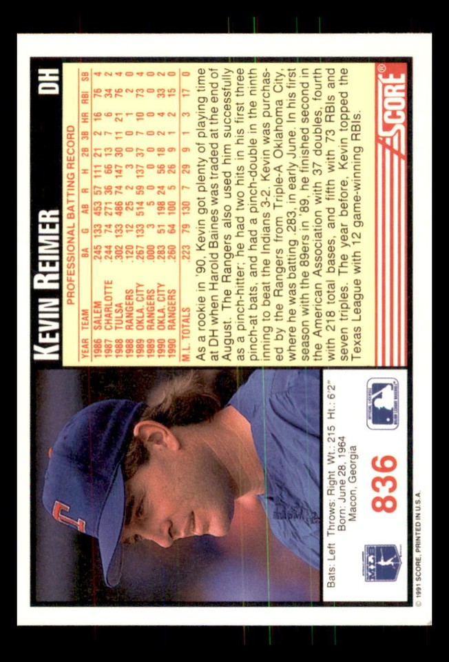1991 Baseball Score Kevin Reimer Texas Rangers #836 | eBay