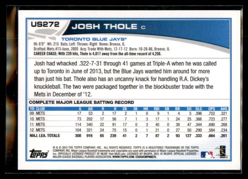 2013 Topps Update Josh Thole #US272 Toronto Blue Jays | eBay