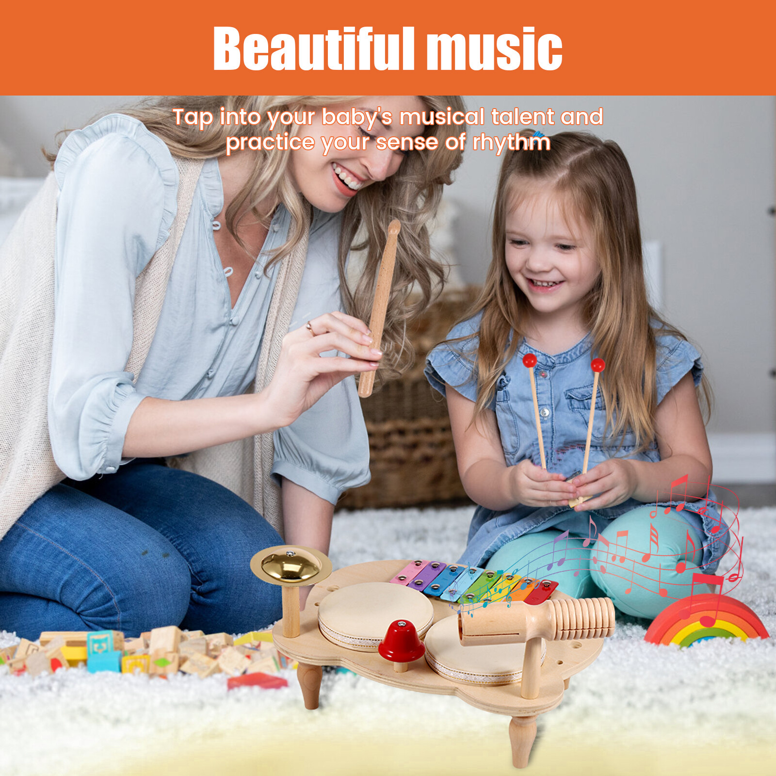 Baby Musical Instruments Toys Wooden Kids Drum Set Montessori Sensory ...
