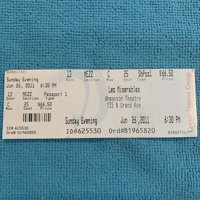 2011 Les Miserables Ticket Stub, Ahmanson Theater Los Angeles Ca. | eBay