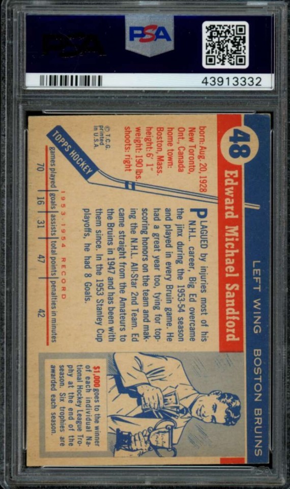 1954-55 Topps Hockey #48 Ed Sandford PSA 6 Bruins (3332) | eBay