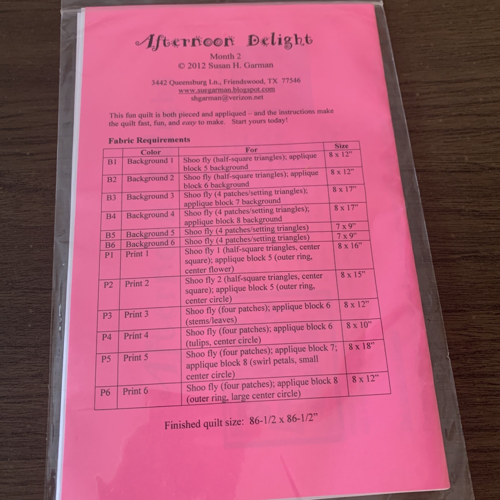 Susan Garman Quilt Pattern Afternoon Delight Month 2 | eBay